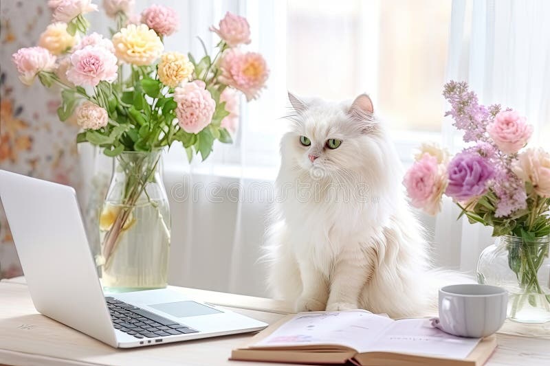 Cute Female Cat Using Laptop, Home Interior Stock Image - Image of ...