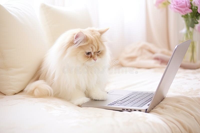 Cute Female Cat Using Laptop, Home Interior Stock Photo - Image of ...