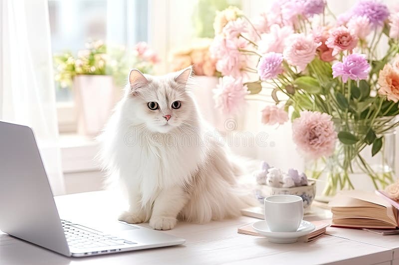 Cute Female Cat Using Laptop, Home Interior Stock Image - Image of ...