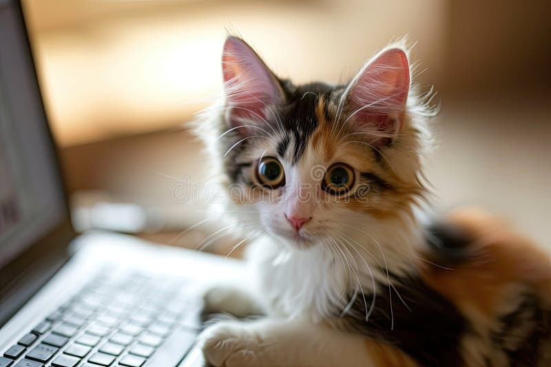 Cute Female Cat Using Laptop, Home Interior Stock Photo - Image of ...