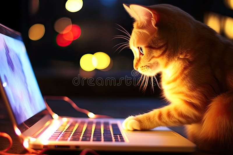 Cute Female Cat Using Laptop, Home Interior Stock Image - Image of ...
