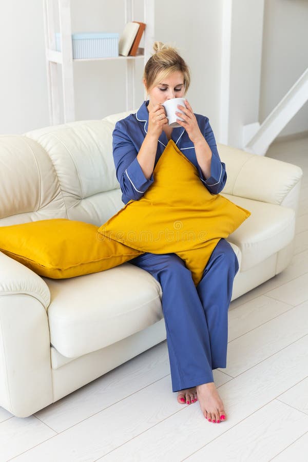 Cute Female Model In Pajama Enjoying Morning Pleasant Woman Sitting On