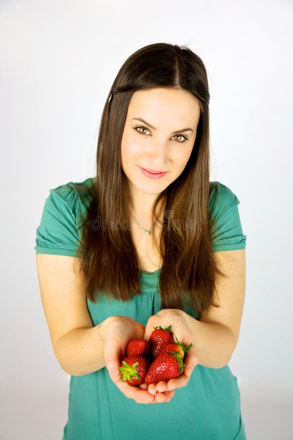 Cute Female Model with Strawberries Stock Image - Image of long, hand ...