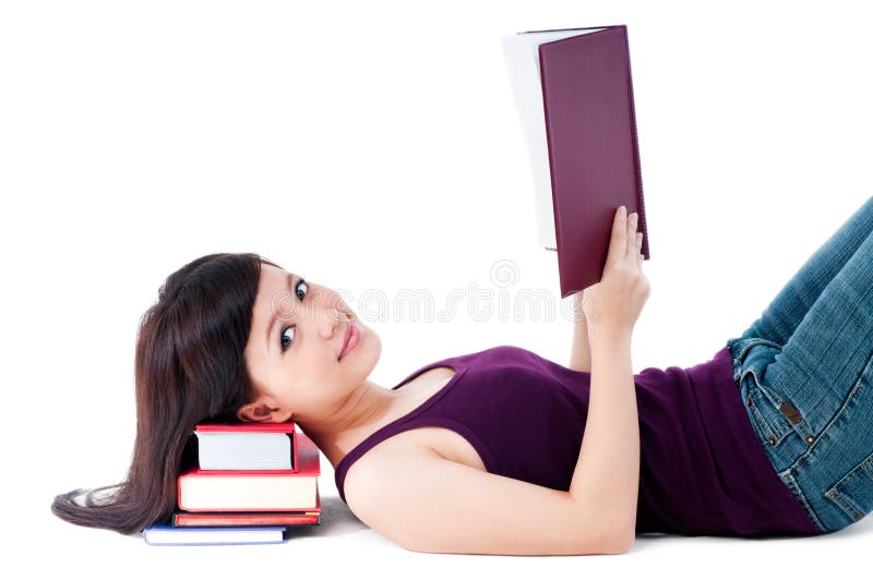 Cute Female Reading with Head Resting on Books Stock Image - Image of ...