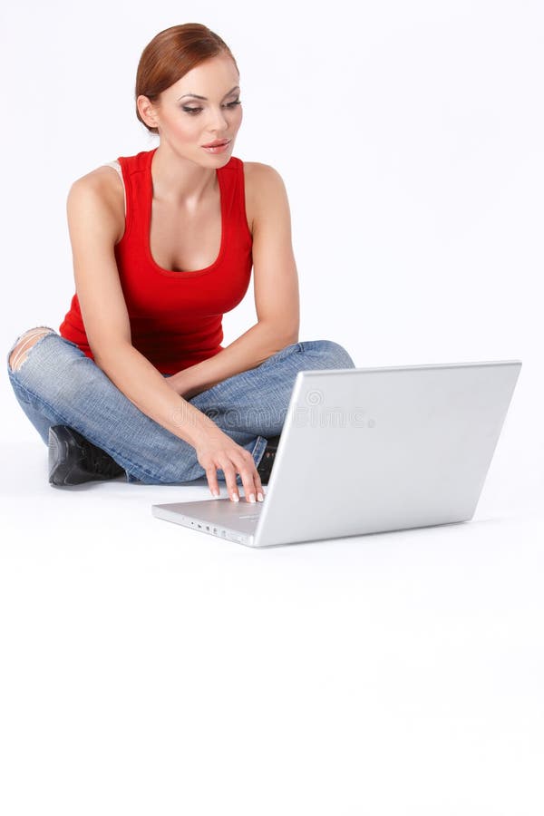 Cute Female Sitting and Using a Laptop Stock Image - Image of smile ...