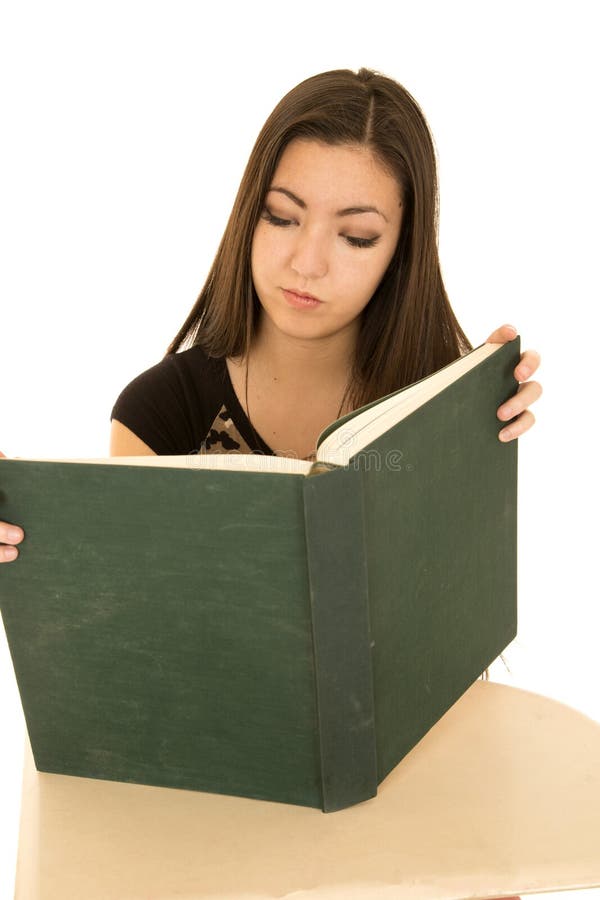Cute Female Student Reading a Large Text Book Stock Photo - Image of ...