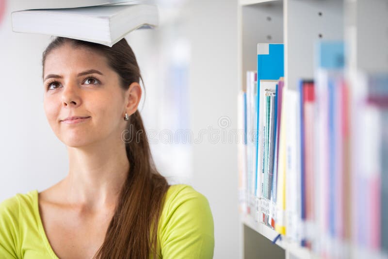 Cute Female University Student in Library Stock Image - Image of ...