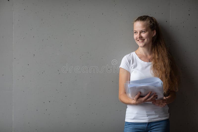 Cute Female Student with Books in Library Stock Photo - Image of casual ...