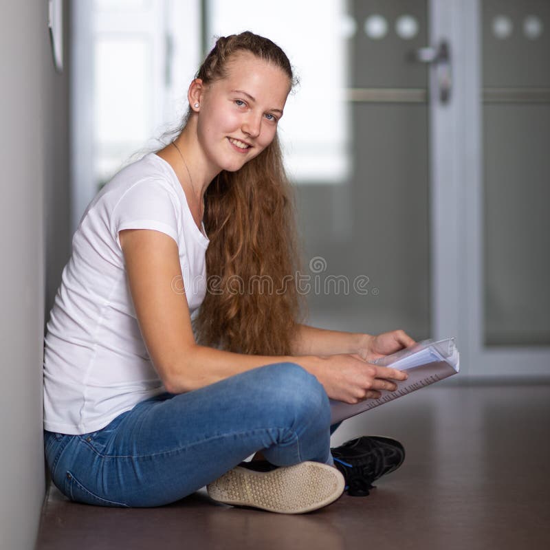 Cute Female University/highschool Student with Books Stock Photo ...