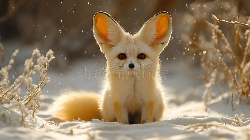 A Cute Fennec Fox with Large Ears Sits in the Snow Stock Illustration ...