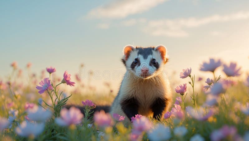 Cute Ferret Exploring a Flower Field at Sunset Stock Image - Image of ...