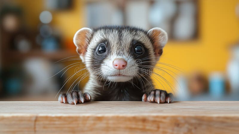 Cute Ferret Looking Curiously Over a Wooden Surface in a Cozy Home ...
