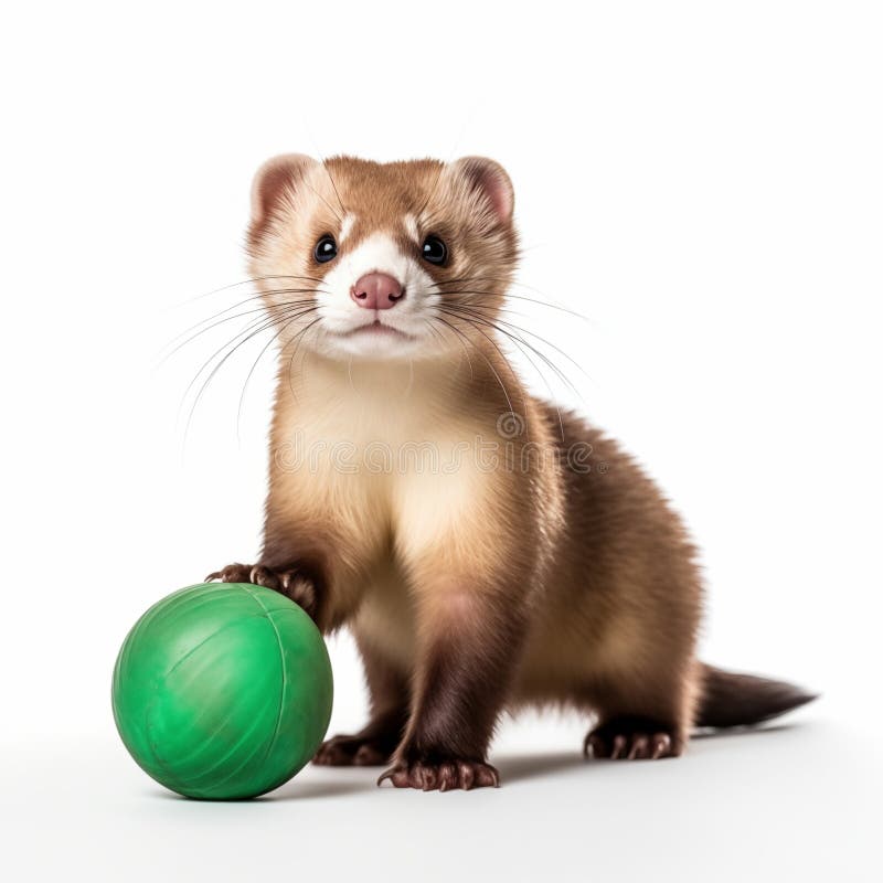 Cute Ferret Playing with a Green Ball Isolated on White Background ...