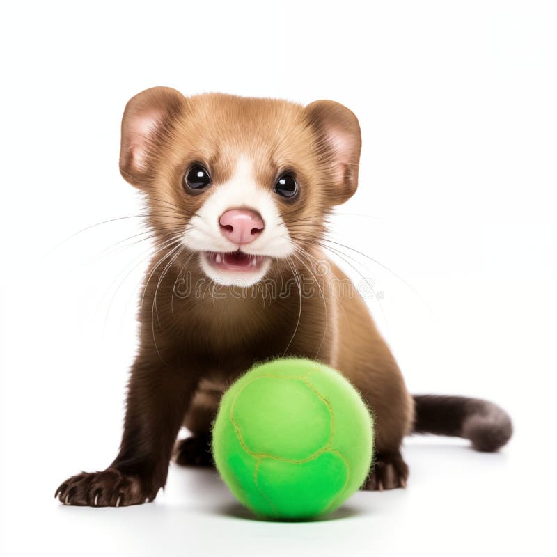 Cute Ferret Playing with a Green Ball on White Background Stock ...