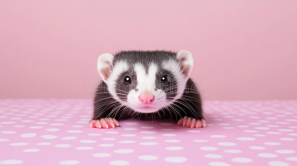 Cute Ferret Posing on Pink Polka Dot Background Stock Image - Image of ...