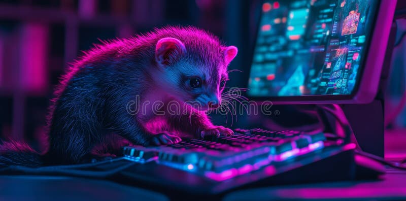 The Cute Ferret that is Sitting on the Computer Keyboard is Bathed in a ...