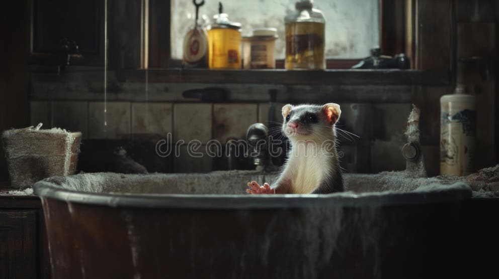 A Cute Ferret Taking a Bath in a Rustic Tub Stock Illustration ...