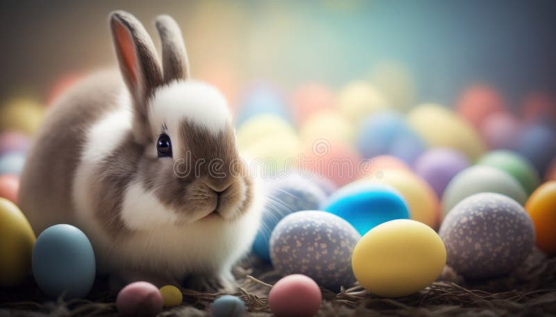 Cute Festive Easter Bunny with Easter Eggs Around Him Stock ...