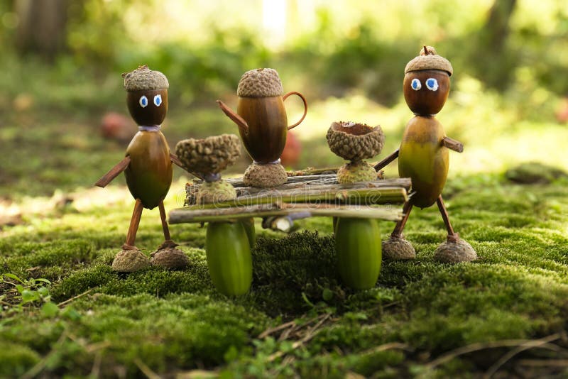 Cute Figures Made of Natural Materials on Green Moss Outdoors Stock ...