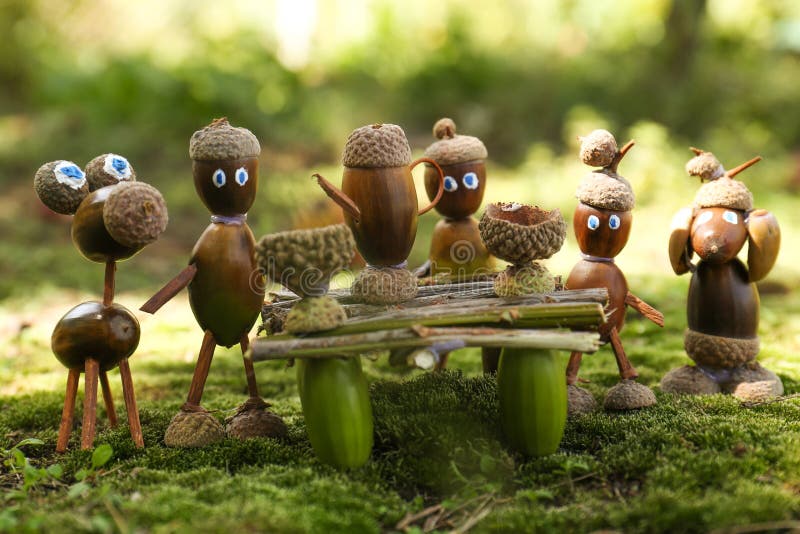 Cute Figures Made of Natural Materials on Green Moss Outdoors Stock ...