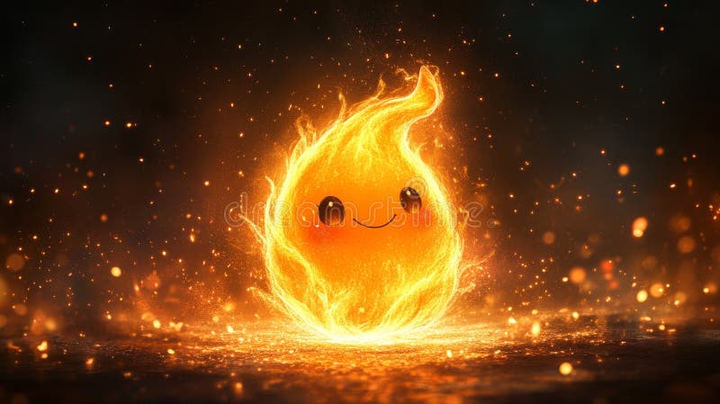 Cute Fire Character Smiling Surrounded by Embers and Sparks Stock Photo ...