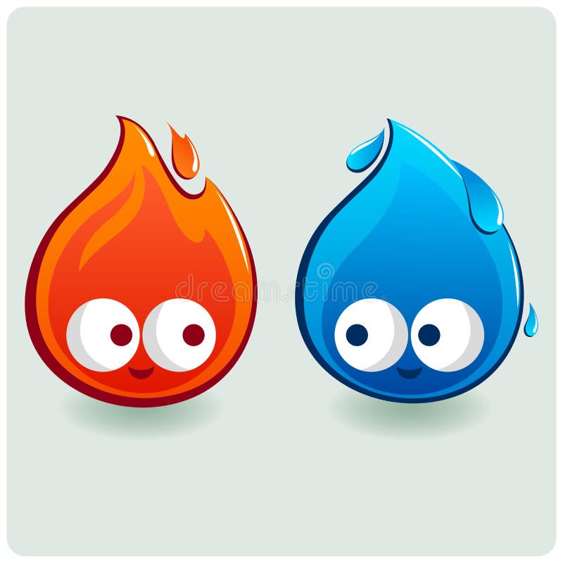 Cartoon Fire and Water Characters. Water Drop and Fire Flame. Vector ...