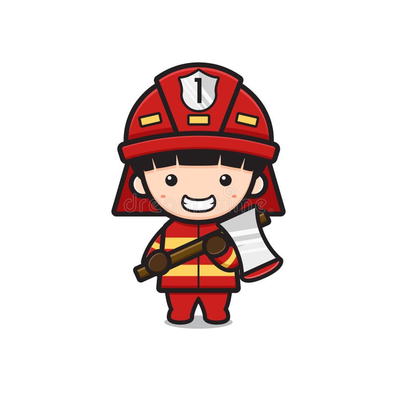 Cute Firefighter Holding Axe Cartoon Icon Vector Illustration Stock ...