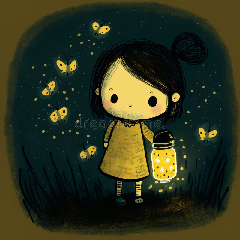 Cute Fireflies Hand Drawn by Kid (generative AI) Stock Illustration ...