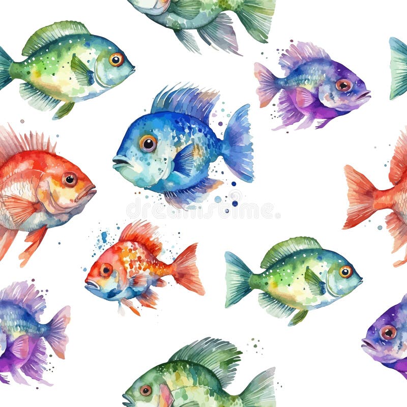 Cute Fish. Colored Watercolor Fishes Seamless Pattern. Vector ...