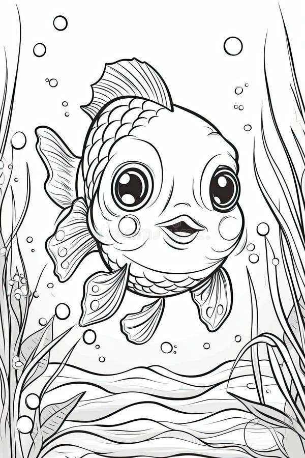 Cute Fish Coloring Page for Kids. Black and White. Generative AI Stock ...