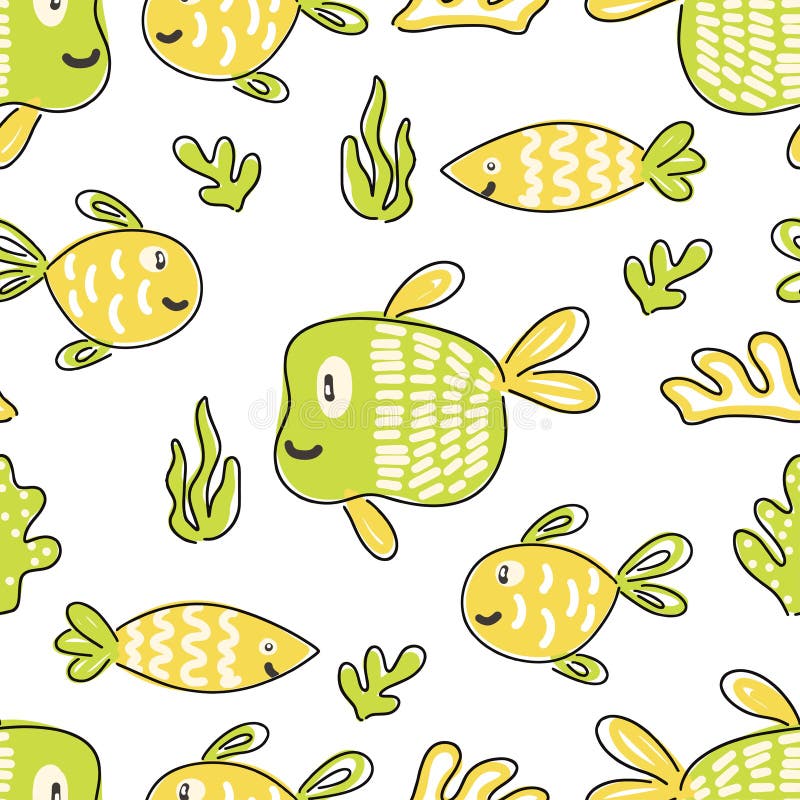 Seamless Underwater Border with Cute Fish Corals and Bubbles, Kids ...