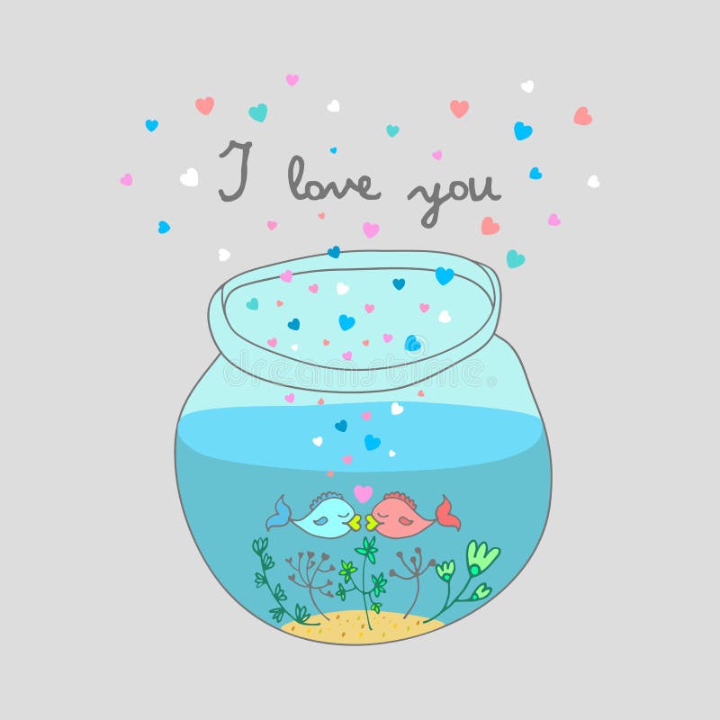 Cute Fish in Love in Aquarium. Doodle Style Stock Vector - Illustration ...