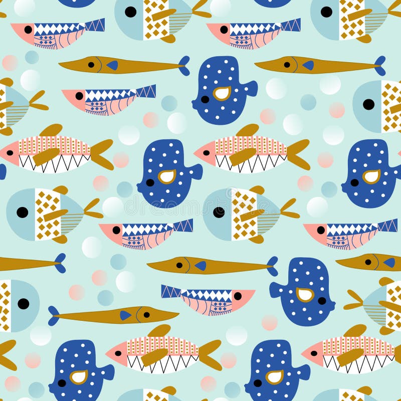 Cute Fish in a Seamless Pattern Design Stock Vector - Illustration of ...