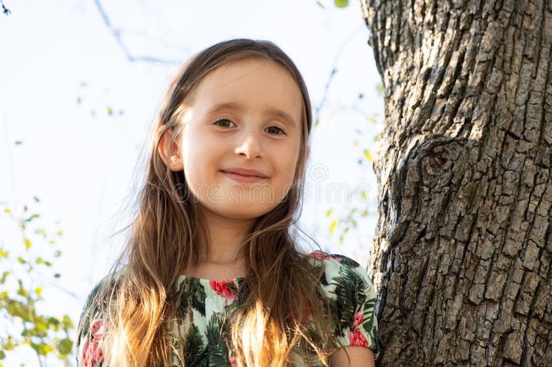 Cute Five-year-old Girl Sitting on a Tree in the Summer in Nature Stock ...