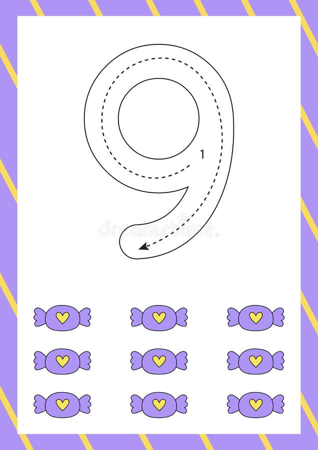 Cute Flashcard How To Write Number Nine. Worksheet for Kids. Stock ...