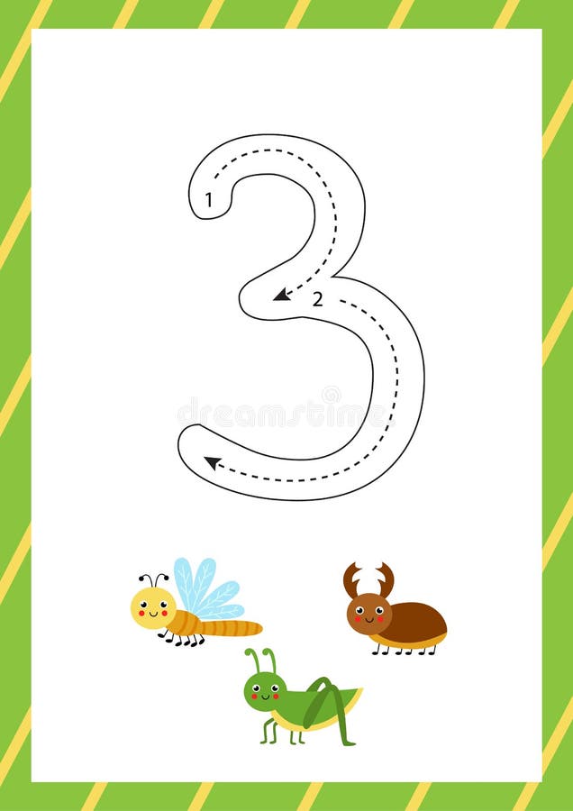 Cute Flashcard How To Write Number 3. Worksheet for Kids. Stock Vector ...