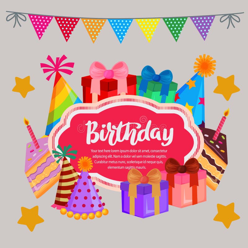 Cute Flat Birthday Card with Party with Gift Party Hat Stock Vector ...