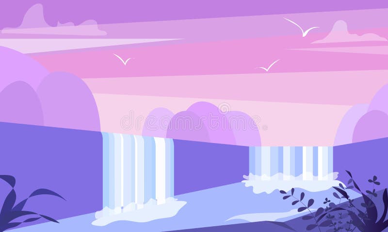 Cute Flat Landscape Illustration with Mountain, Waterfall and Lake ...