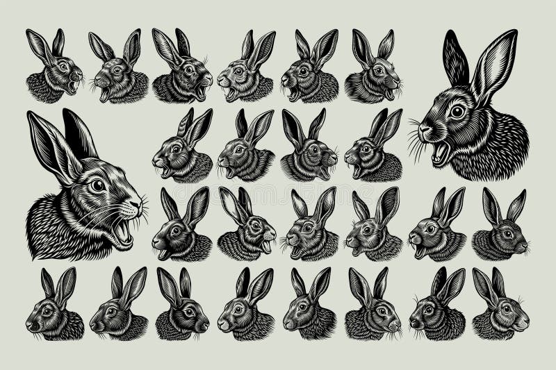 Cute Flat Side View Rabbit Head Illustration Design Set Stock Vector ...