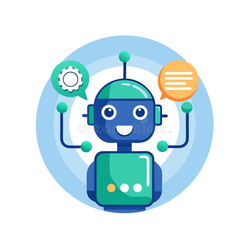 Friendly Robot Assistant with Gear and Speech Bubble Icons, AI Concept ...