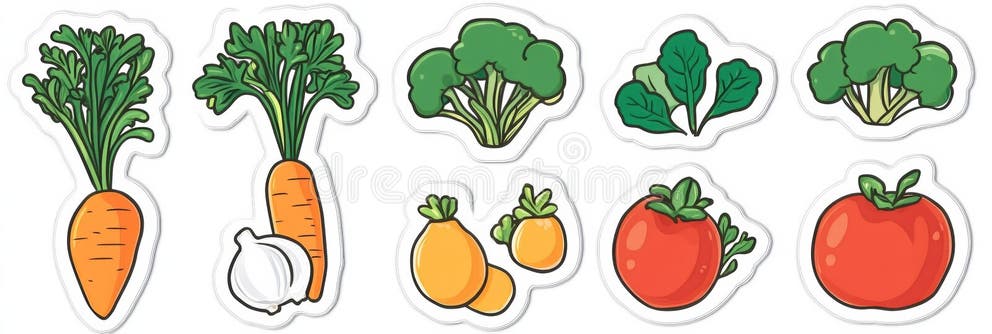 Cute Flat Vegetable Sticker Sheet with Broccoli, Carrots, and Spinach ...