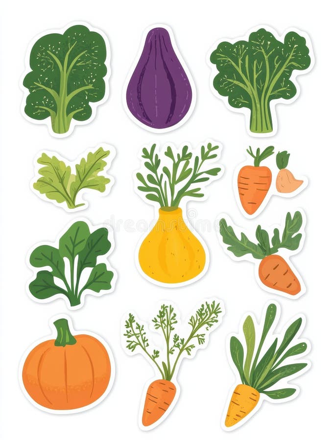 Cute Flat Vegetable Sticker Sheet Featuring Broccoli, Carrots, Spinach ...