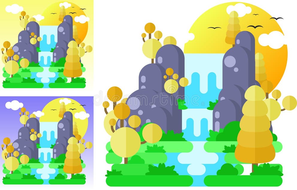 Cute Flat Waterfall Landscape Design Vector Stock Illustration ...
