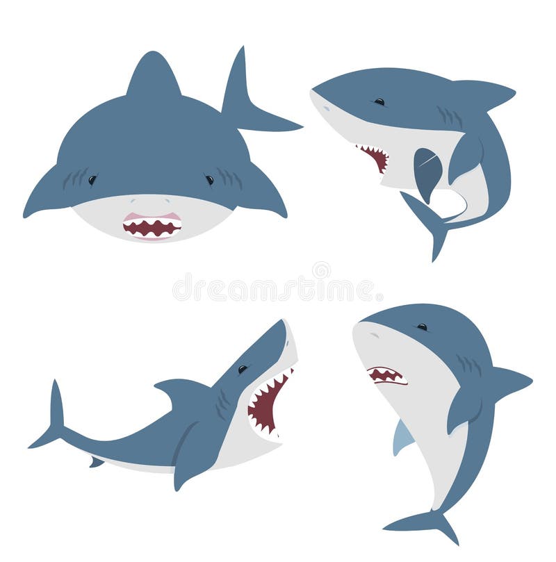 Cute Flat White Shark Vector Set Stock Vector - Illustration of life ...