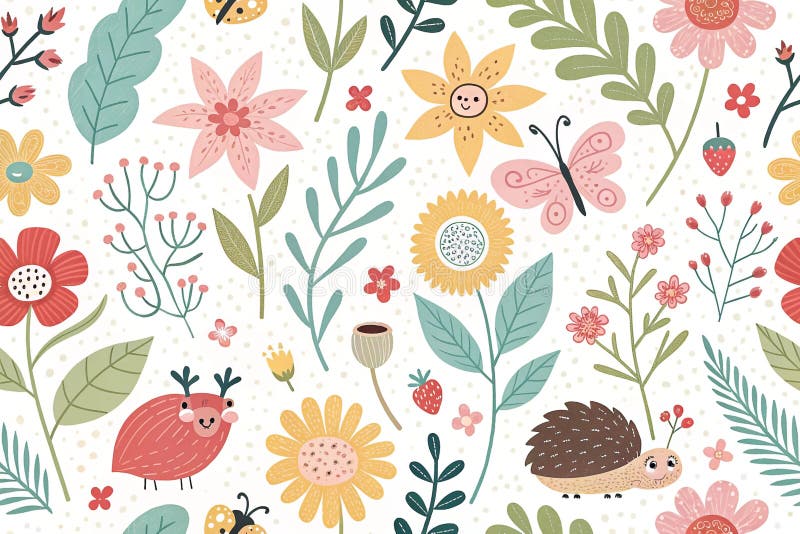 Cute Floral Pattern with Animals Stock Illustration - Illustration of ...