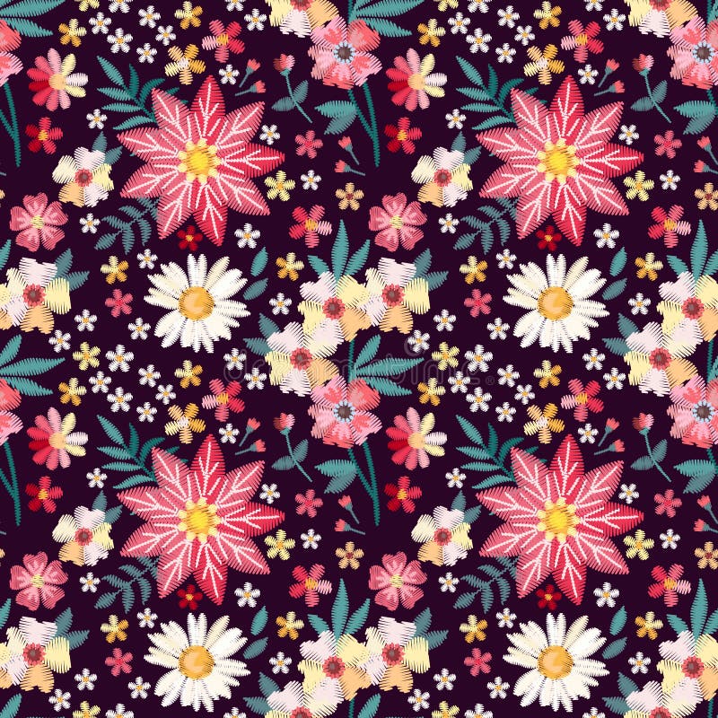 Cute Floral Pattern with Embroidered Flowers. Seamless Design for ...