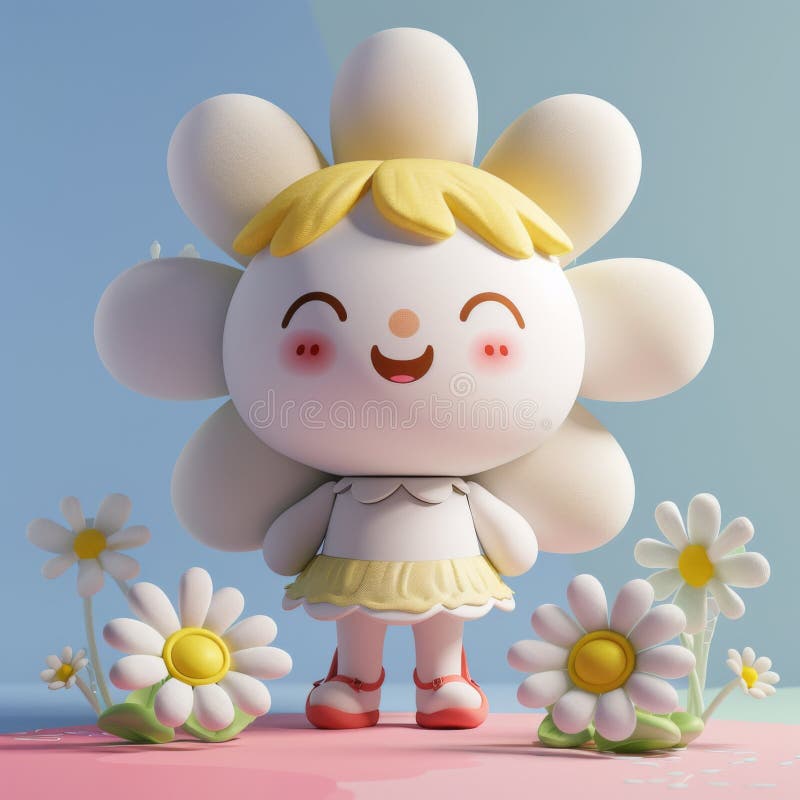 Cute Flower Character with Daisies in a Charming Cartoon Style Stock ...