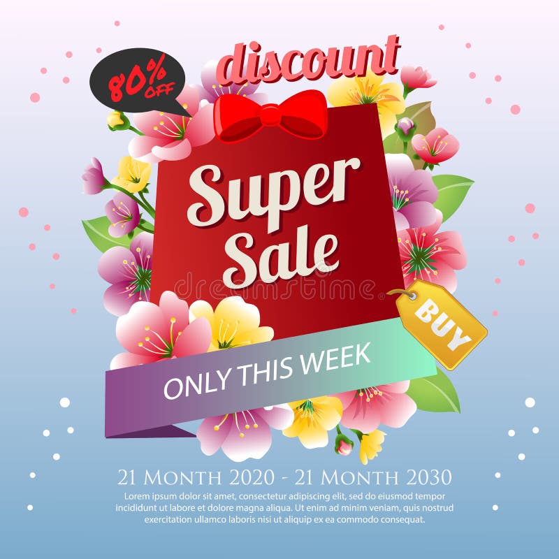 Cute flower Sale Poster stock vector. Illustration of pink - 132772023