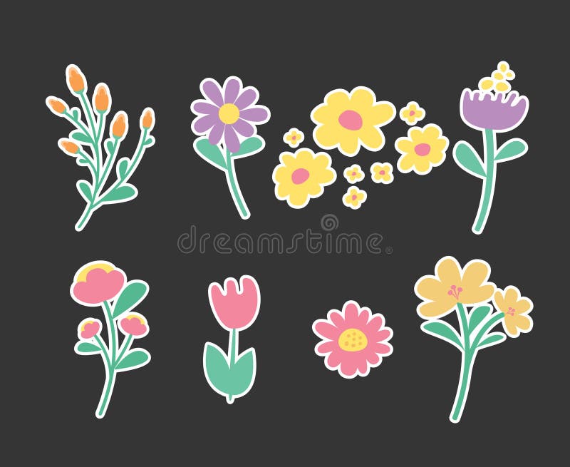 Cute Flower Sticker, Spring Flowers and Leaves, Vector Design Stock ...