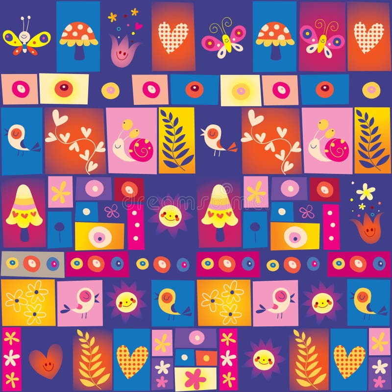 Cute Flowers, Birds, Mushrooms & Snails Collage Pattern Stock Vector ...